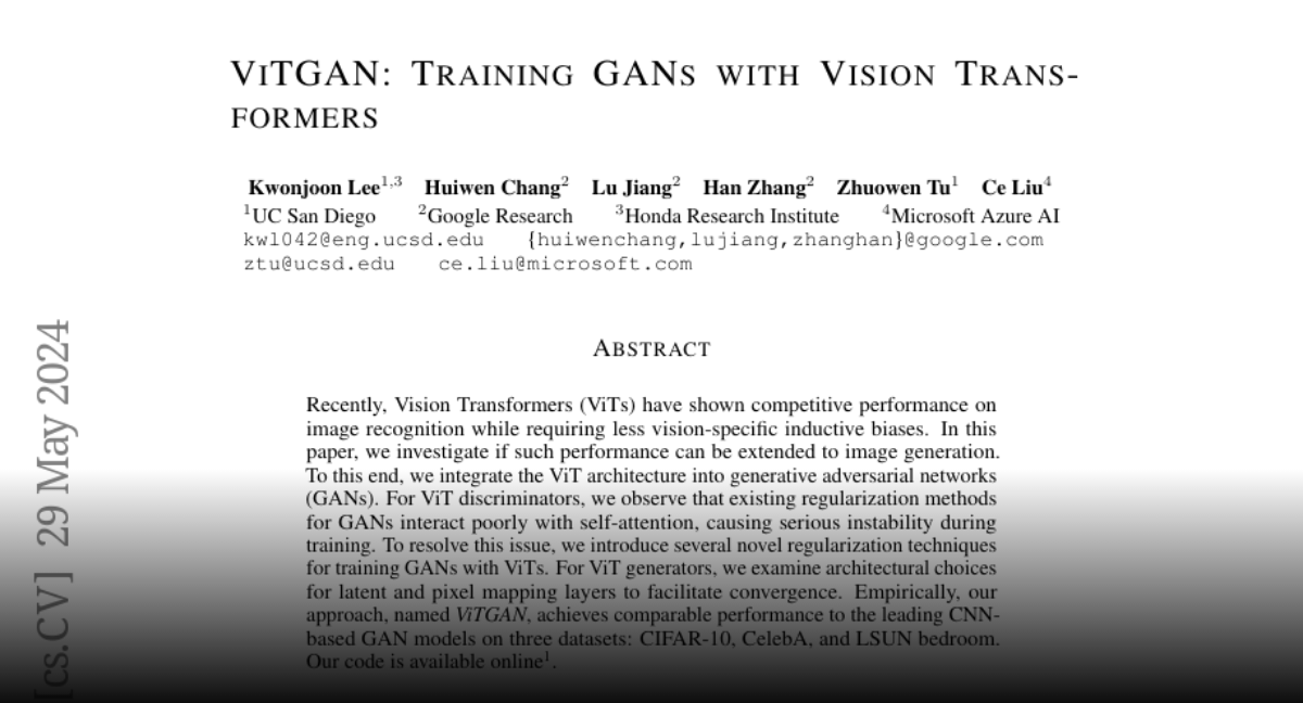 Paper Page Vitgan Training Gans With Vision Transformers