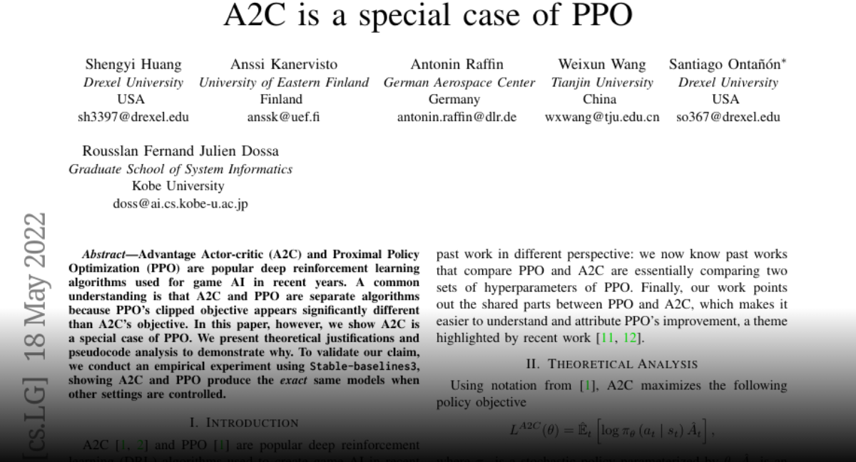 Paper page - A2C is a special case of PPO Paper page - A2C is a special case of PPO