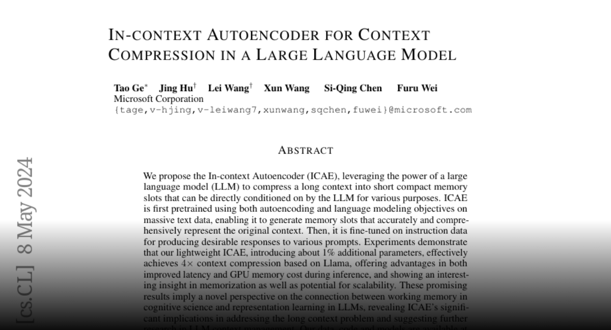 Paper Page In Context Autoencoder For Context Compression In A Large Language Model