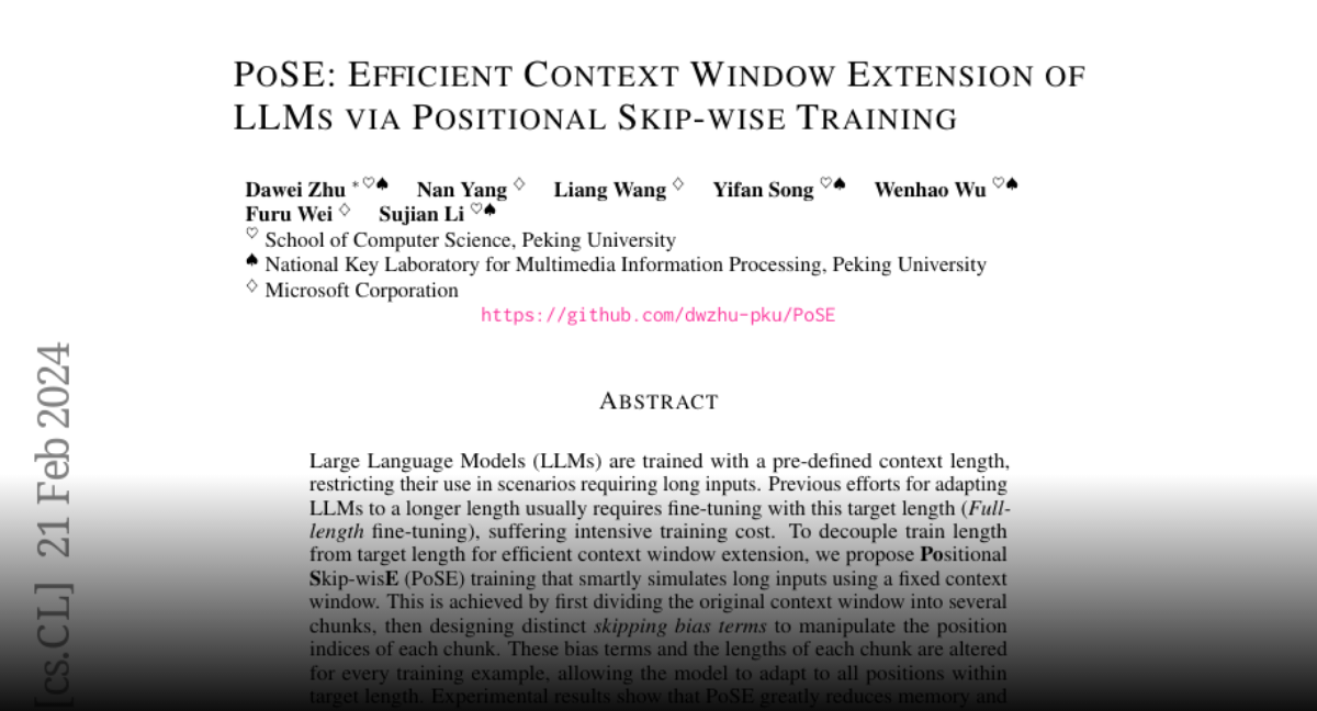 Paper Page Pose Efficient Context Window Extension Of Llms Via Positional Skip Wise Training