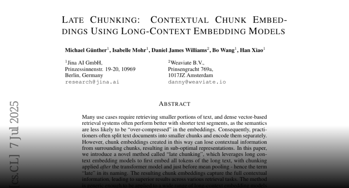 Paper Page Late Chunking Contextual Chunk Embeddings Using Long Context Embedding Models